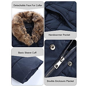 Bellivera Women's Winter Puffer Jacket Cold resistant patchwork plush lining Coat with Removable Fur Collar Hooded and Belted 5528BLUEL