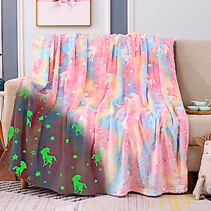 GOPHRALOVE Glow in The Dark Blanket - Unicorn Throw Blanket Birthday Gift for Girls 3 4 5 6 7 8 9 10 Years Old - Soft Cozy Fluffy Flannel Rainbow Unicorn Blanket 50"x60"
