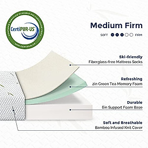 IULULU Full Mattress in a Box, 8 Inch Memory Foam Mattress with Breathable Bamboo Cover, Green Tea Full Size Mattress Made in USA for Cool Sleep, Medium Firm, CertiPUR-US Certified, White