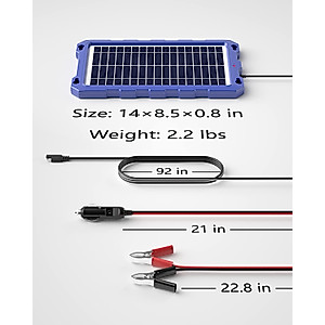 POWOXI 10W 12V Solar Battery Charger& Maintainer，Waterproof Solar Panel Trickle Charger with Cigarette Lighter & Alligator Clips for Car, RV, Boat, Motor, Lawn Mower（Blue）