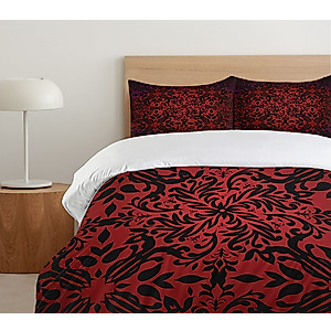 Ambesonne Oriental Duvet Cover Set, Mandala Inspired Curly Flowers and Leaves Details Frame Illustration, Decorative 3 Piece Bedding Set with 2 Pillow Shams, King Size, Vermilion and Black