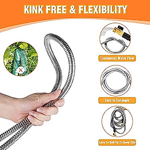 Garden Hose 100 ft Metal - Flexible Garden Hose Stainless Steel Water Hose No Kink and Tangle Outdoor Heavy Duty Collapsible Water Pipe