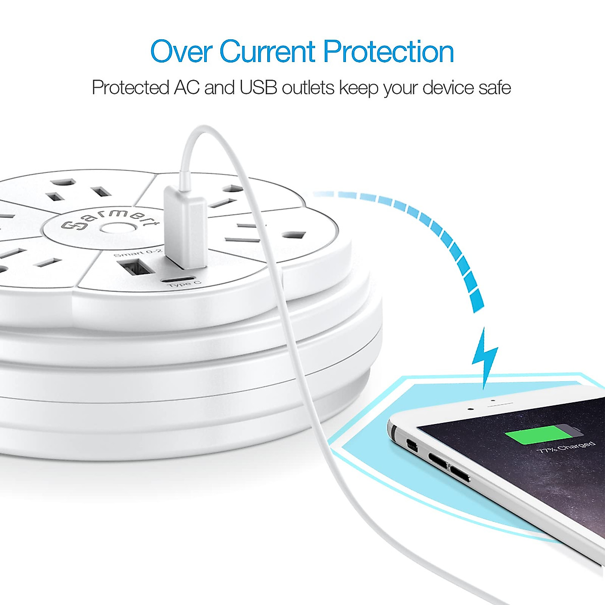 Retractable Power Strip, 5 Outlet Flat Plug Strip with Smart USB Ports and Type-C Port, 900J Surge Protector, 125V/13A, 3.3ft Retractable Extension Cord, Portable & Neat for Travel/Home/Office, White