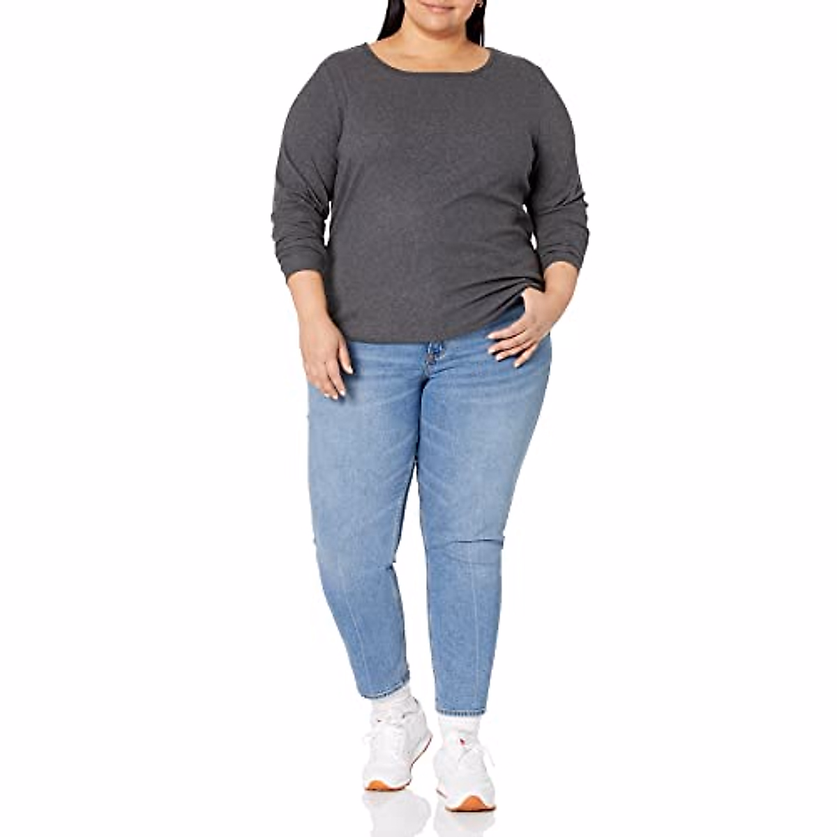 Amazon Essentials Women's Slim-Fit Layering Long Sleeve Knit Rib Crew Neck (Available in Plus Size), Pack of 2, Black/Charcoal Heather, Large