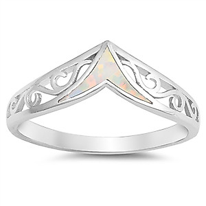 White Simulated Opal Pointed Filigree V Ring New .925 Sterling Silver Band Size 7
