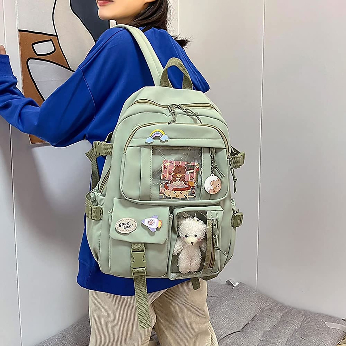 LELEBEAR Kawaii Backpack For School, Cute Bookbags With Kawaii Pin And Accessories For Teen Girls (Sage Green)