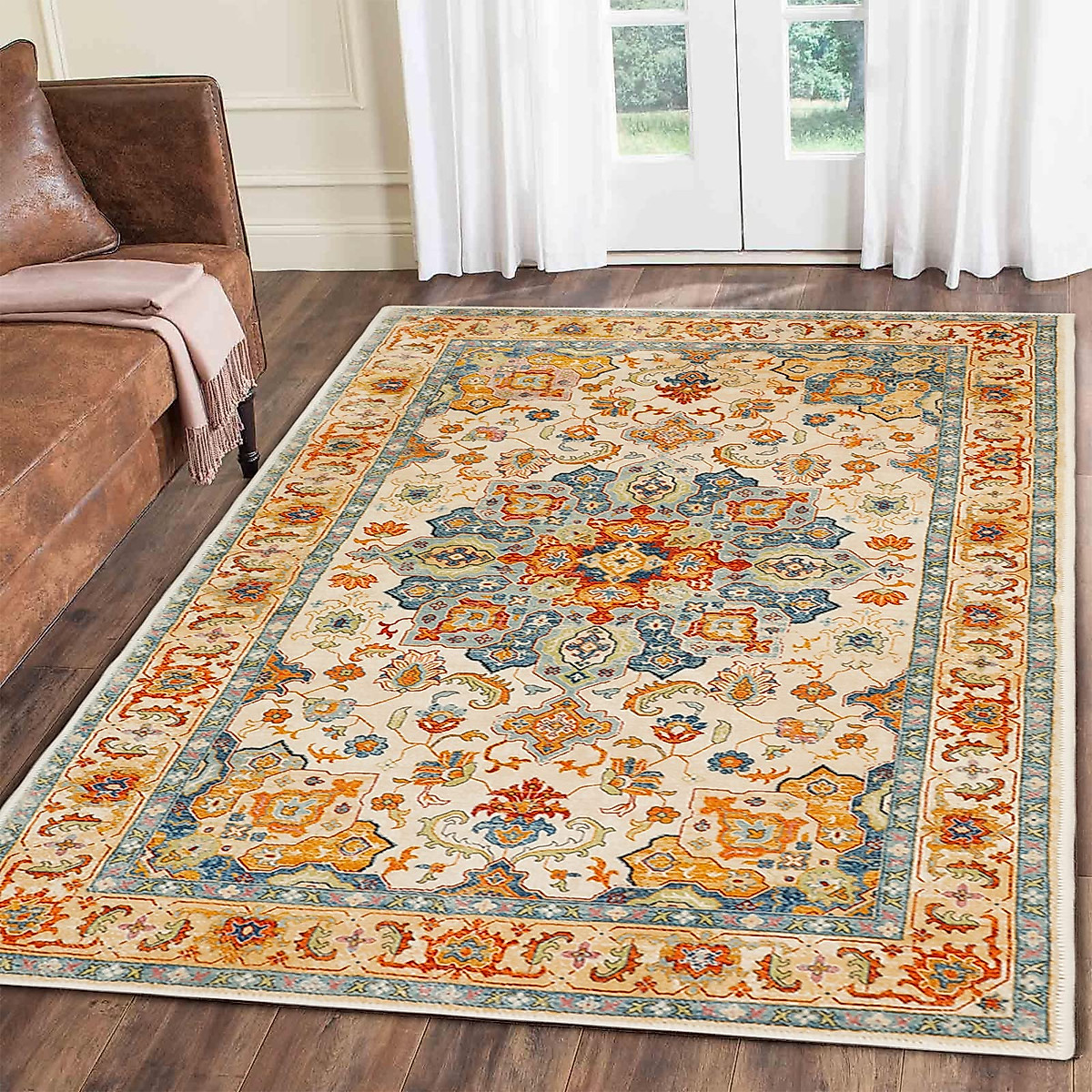 COMSLE Boho Area Rug, 4' x 6' Machine Washable Rugs for Entryway Faux Wool Large Rugs Distressed Throw Rug Non-Slip Floor Carpet for Indoor Bedroom Kitchen Living Room