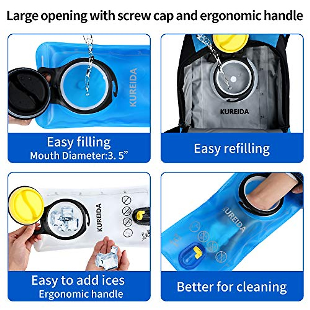 KUREIDA Hydration Bladder 2 Liter,Water Bladder with Insulated Tube,BPA Free,Leak Proof,Hydration Reservoir for Hiking,White and Blue.