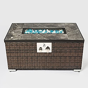 NEWTIK Propane Fire Pit Table, 40000 BTU Heat Outdoor Gas Firepits with Lid, Rain Cover, Ceramic Tile Tabletop, Color Glass Rocks, Fire Pits for Outside, Patio, Garden, Backyard