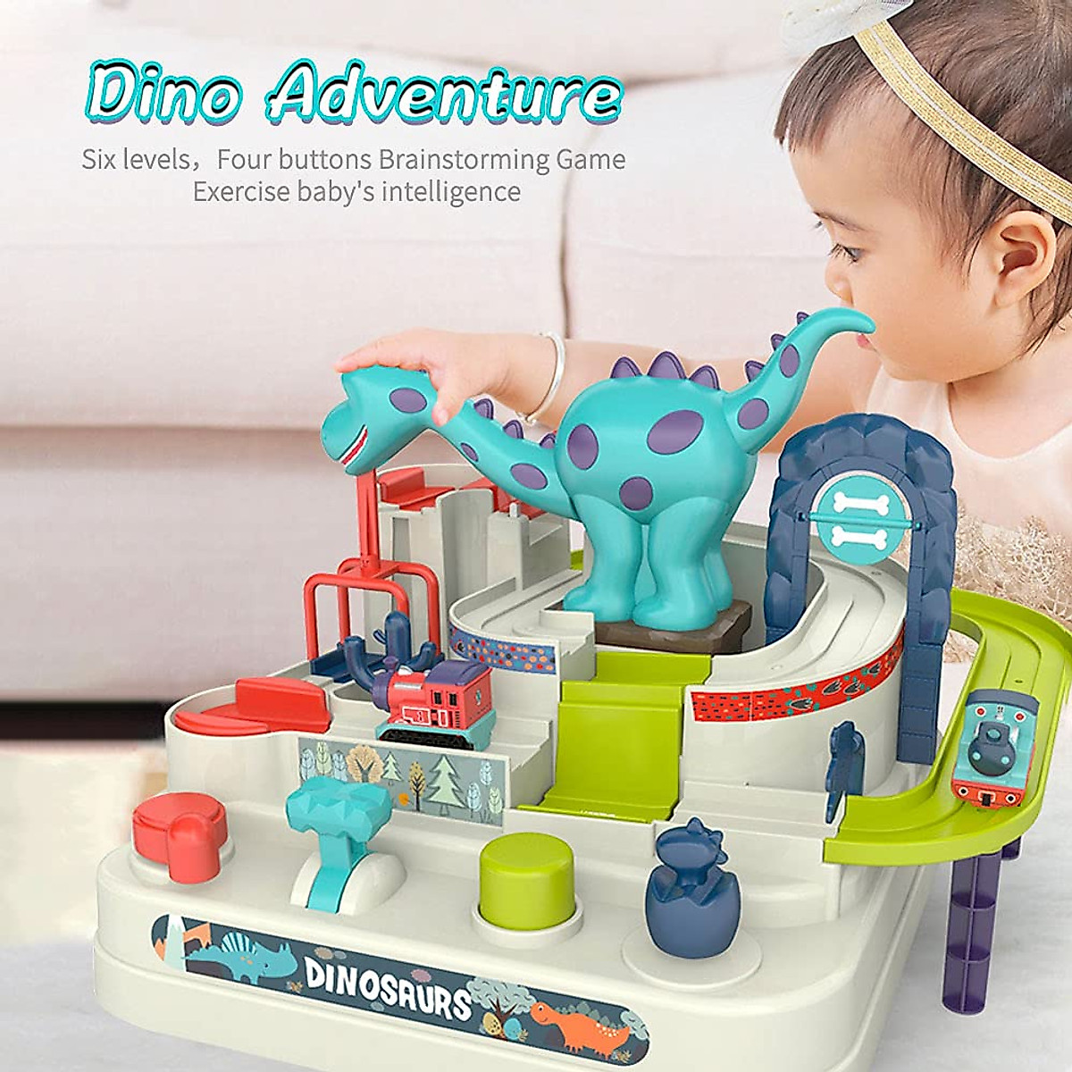Kids Train Race Track Play Set, Adventure Car Track Toy, Toddler Dinosaur Ramp Vehicle Toys, Interactive Games Vehicle Playset Gifts for Kids