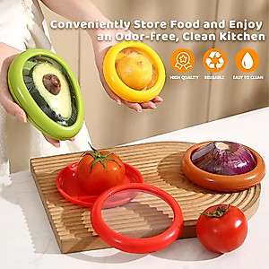 4 Pcs Vegetable and Fruit Storage Containers for Fridge, Refrigerator Vegetable Crisper Makes Food Stays Fresh Longer, BPA Free & Reusable, Ideal Avocado Lemon Tomato and Onion Keeper/Saver/Holder (A)