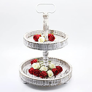 2 Tiered Tray Stand for Decor, Rustic Wooden Farmhouse Decorative Tray for Home Coffee Table Kitchen Counter by Witsbrez (White Wash)