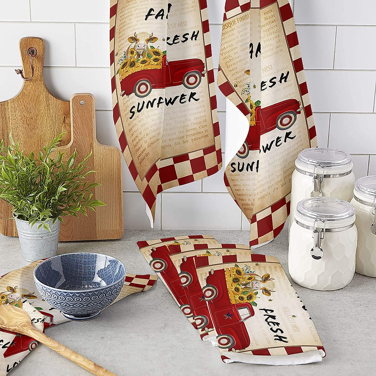 Chees D Zone Kitchen Towels Cotton Dish Towel,Farm Red Truck Cow Sunflower Old Newspaper Soft Dishcloth Absorbent Tea Towel,Retro Plaid Reusable Washable Hand Towels 2 Pack