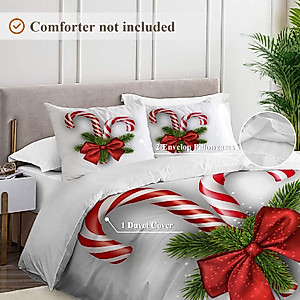 Shrahala Red Festival Christmas Duvet Cover Set King Size, Green Candy 3 Pieces Soft Brushed 100% Cotton Duvet Covers with Button Closure, 1 Duvet Cover 104x90 inches and 2 Pillow Shams
