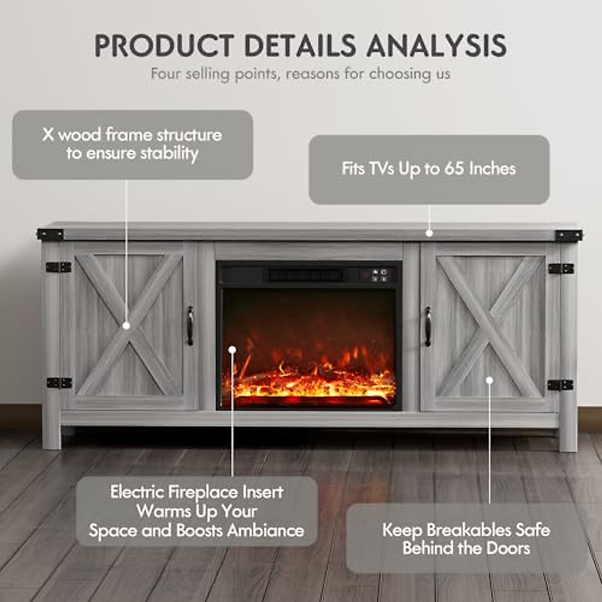 YESHOMY Fireplace TV Stand with Two Barn Doors and Storage Cabinets for Televisions up to 65+ Inch, Entertainment Center Console Table, Media Furniture for Living Room, 58 Inch, Gray Wash