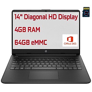 HP Steam 14 Premium Business Laptop Computer 14" Diagonal HD Display Intel Celeron N4020 4GB RAM 64GB eMMC HDMI Office 365 USB-C Webcam Win 10 (Jet Black) + 16GB Micro SD Card