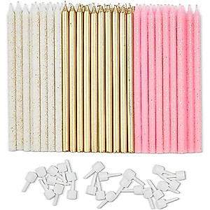 Metallic Glitter Long Thin Birthday Cake Candles in Holders (5 in, 48 Pack)