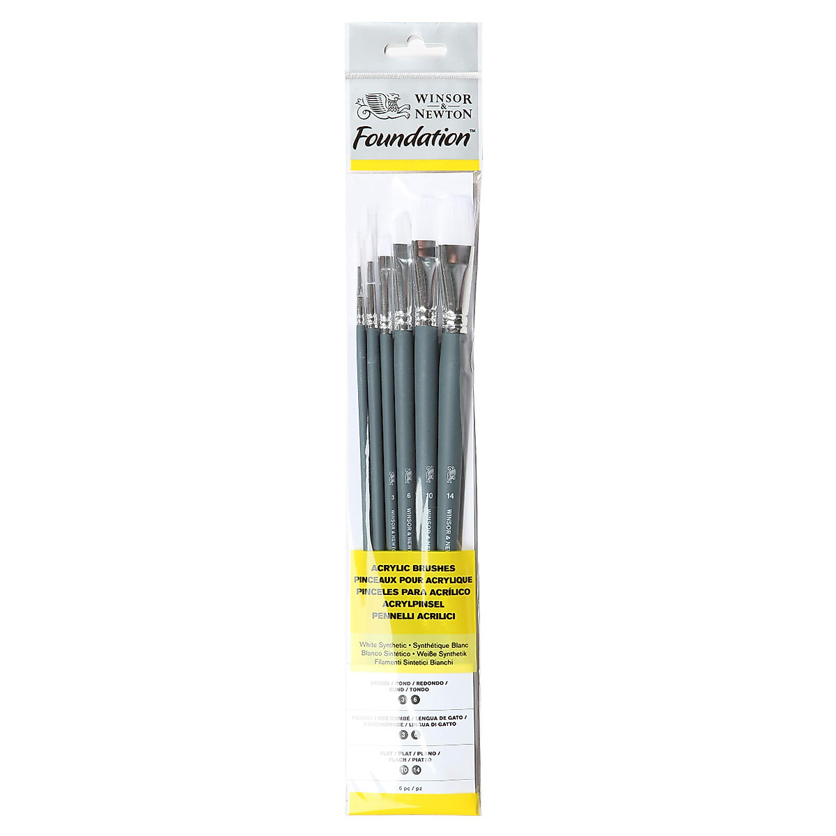 Winsor & Newton Foundation Synthetic Acrylic Brush Set, Long Handle, Round Filbert & Flat, 6 Pack