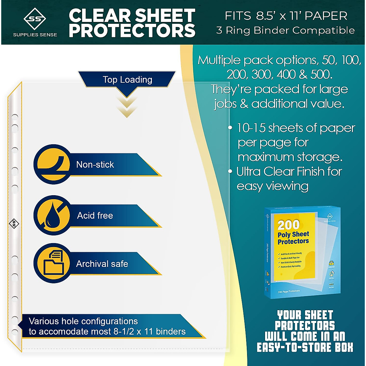 Sheet Protectors for 3 Ring Binder - 200 Premium Clear Plastic Page Protectors for 3 Ring Binder - Sleeves 8.5 x 11 for Paper & Documents