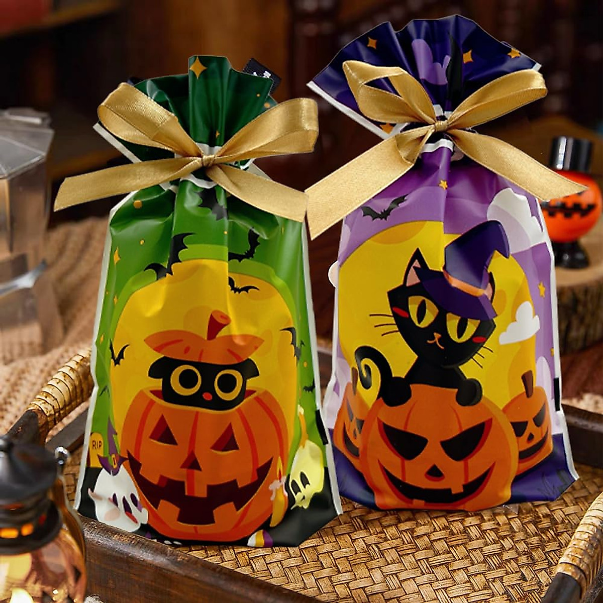 VIFOME 24 Pcs Halloween Goodie Bags Trick or Treat Bags Cat and Pumpkin Candy Bags Plastic Bags with Ribbons for Gift Wrapping Halloween Party Decoration