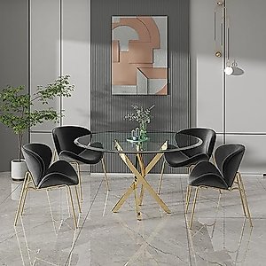 39" Round Dining Table, Glass Kitchen Dining Room Table for 4-6, Modern Circle Small Kitchen Table with 0.39" Tempered Glass Tabletop and Golden Stainless Steel Legs for Dinner Small Spaces