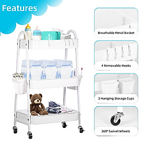 3-Tier Utility Rolling Cart Utility Cart with Wheels Baby Diaper Caddy Cart Metal Nursery Storage Organizer Organizer for Baby Diapers Essentials Storage Cart for Living Room Kitchen Office Bathroom