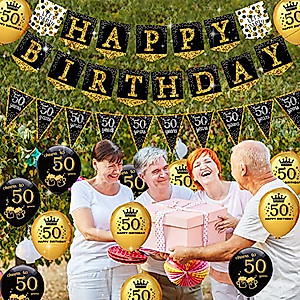 50th birthday decorations for men women - (76pack) black gold party Banner, Pennant, Hanging Swirl, birthday balloons, Tablecloths, cupcake Topper, Crown, plates, Photo Props, Sash for gifts