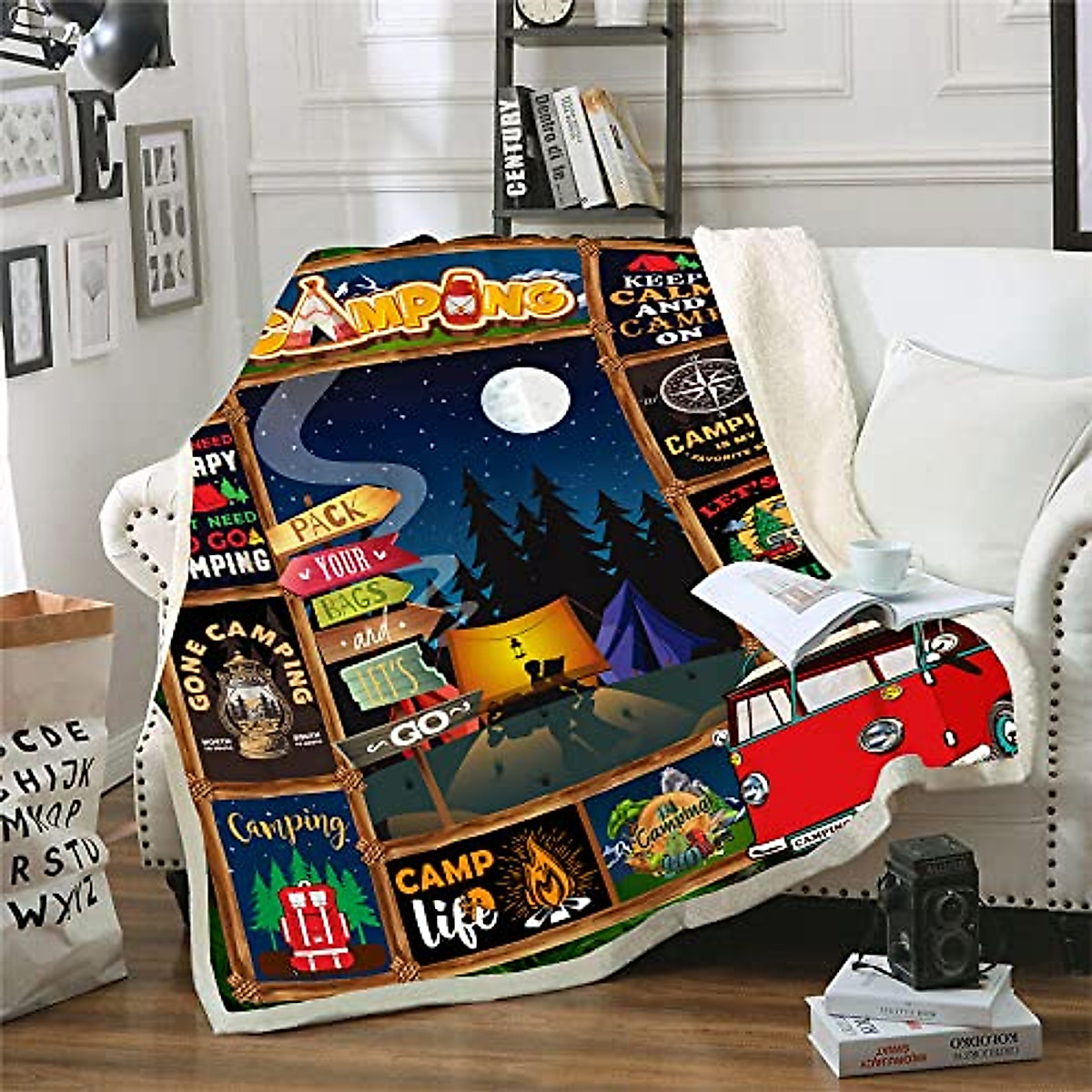 Onecmore Camping Blanket for Women and Men Gifts for Camping Lovers Happy Camping Camping Bus Soft Lightweight Warm and Comfortable Throw Blanket Blanket for Living Room Couch Chair Bed Sofa 50"x60"