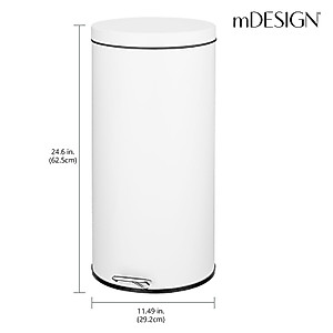 mDesign Tall 30 Liter / 7 Gallon Large Round Metal Lidded Step Trash Can, Thin Compact Garbage Bin with Removable Liner Bucket for Bathroom, Kitchen, Craft Room, Office, Garage - White