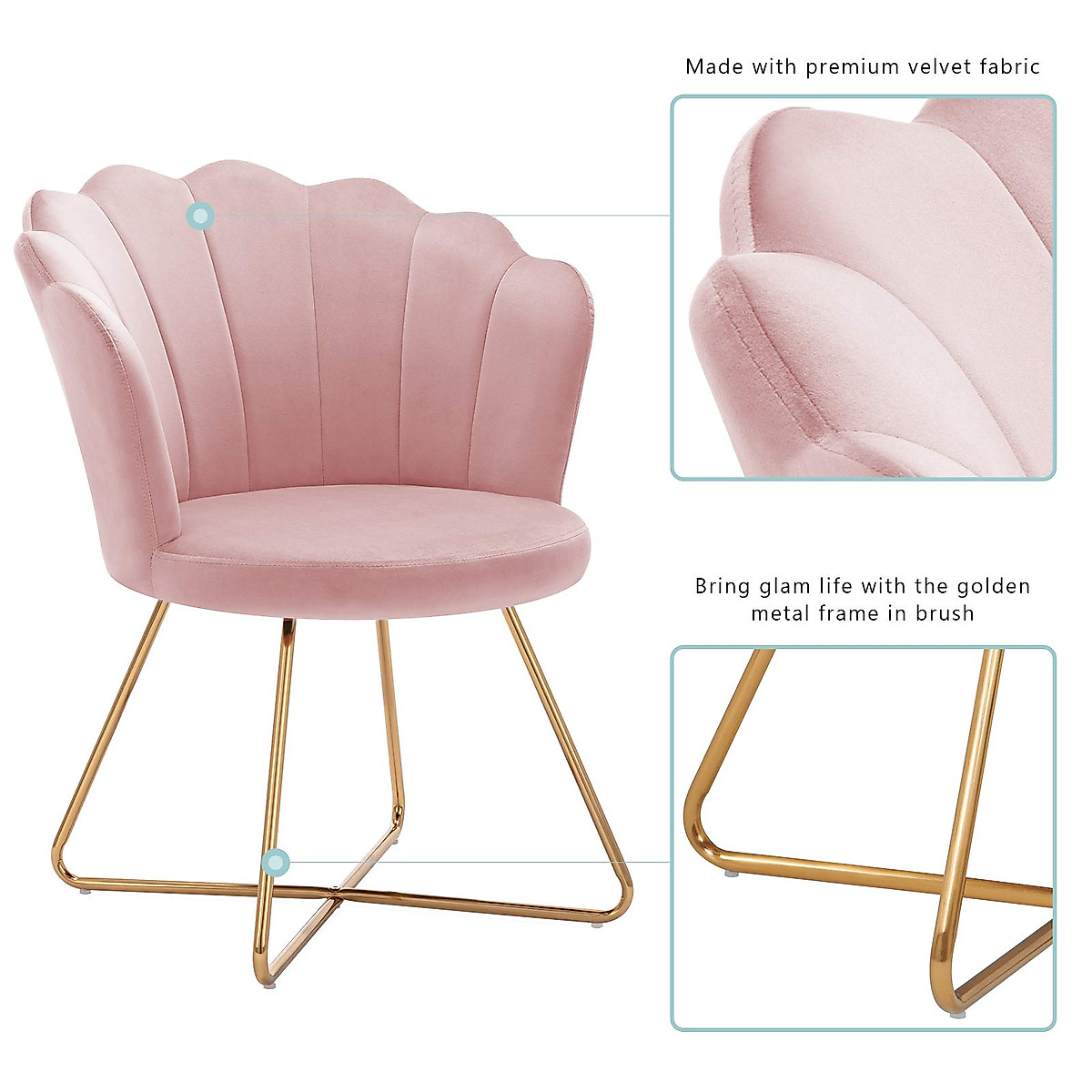 DUHOME Velvet Accent Chair，Living Room Chair with Back for Bedroom, Shell Shaped Living Room Chairs with Golden Metal Legs, Salmon Pink