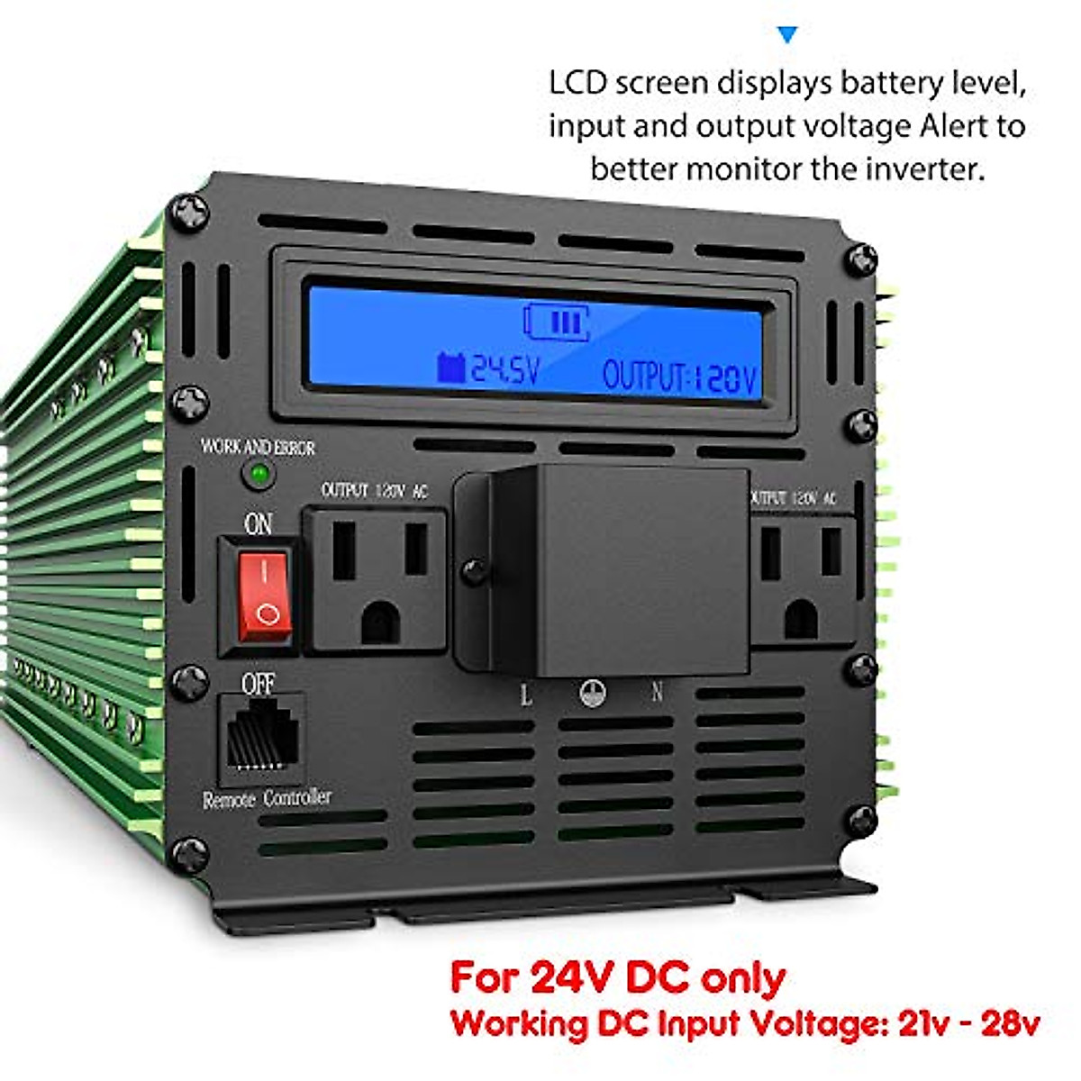 EDECOA 3000W 24V Power Inverter Modified Sine Wave DC 24V to 110V 120V AC Converter with Remote Controller and Hardwire Terminal LCD Display