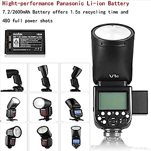 Godox V1 V1-C V1C Round Head Camera Flash for Canon Flash Speedlite Speedlight Light,76Ws 2.4G TTL1/8000 HSS,480 Full Power Shots,1.5s Recycle Time,2600mAh Li-ion Battery,10 Levels LED Modeling Lamp