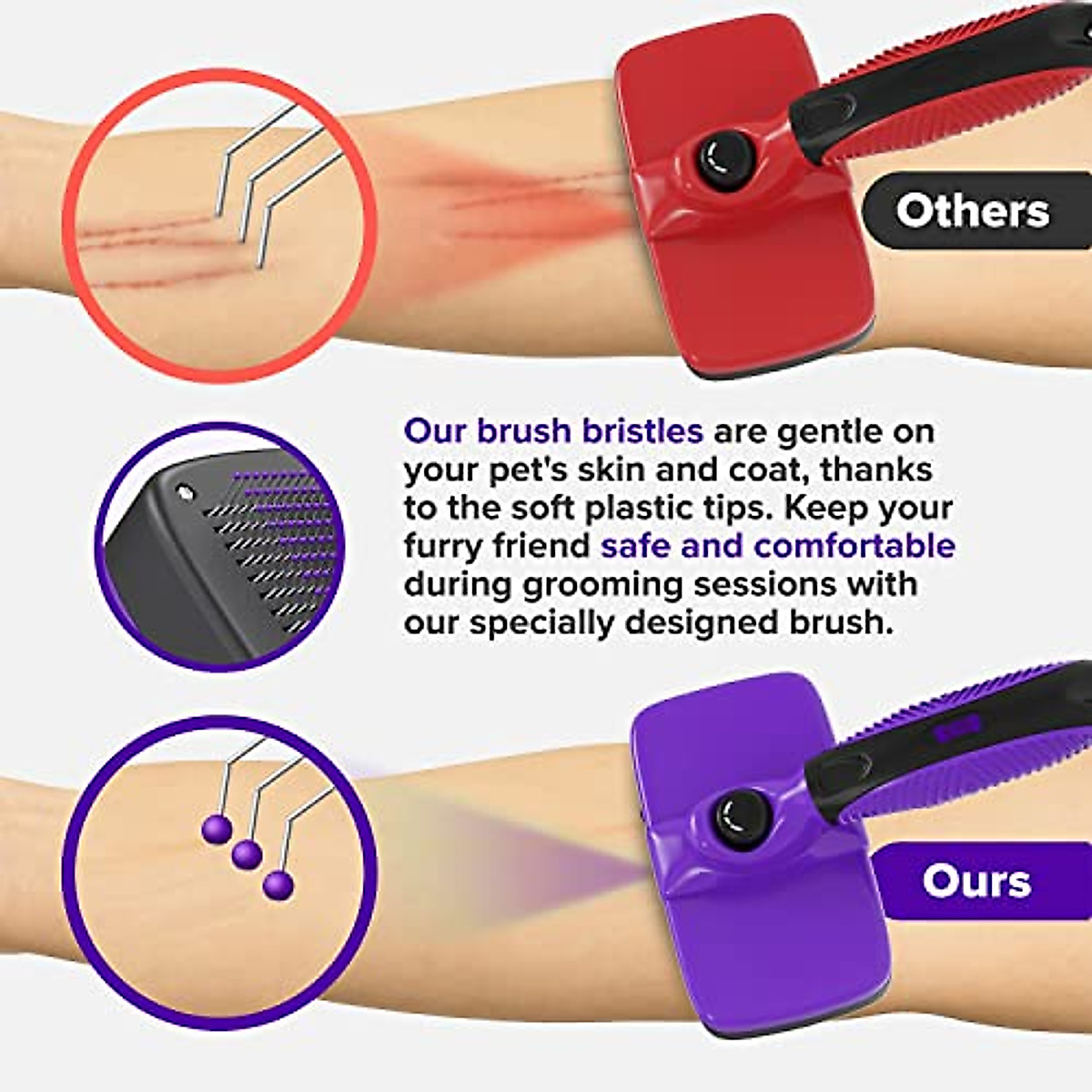 Ruff 'N Ruffus Self-Cleaning Slicker Brush With NO- PAIN Bristles | Gently Removes Loose Undercoat, & Tangled Hair | For Cats & Dogs | Reduces Shedding by 95% + Pet Nail Clipper & Comb included