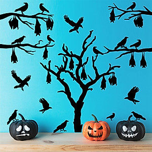 Large Halloween Window Stickers Halloween Tree Wall Decals Bats Stickers Black Bird Crow Decals Peel and Stick Vinyl Halloween Tree Branch Wall Art Sticker Halloween Wall Decor for Party Supplies Gift