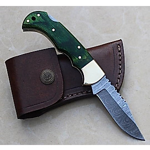 Nesmo-504 Handmade Damascus Steel folding knife 6.5'' Pocket Knife With Leather Pouch, Back Lock Knife For Hunting, Camping, Skining and outdoor (Green Pakka Wood Handle)