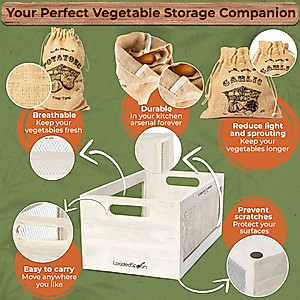 LoadedSpoon Potato and Onion Storage Bin – Garlic Storage, Handcrafted Farmhouse Kitchen Wooden Crate Box, 3 pk Jute Vegetable Storage Bags, Onion and Potato Storage for Pantry or Countertop (White)