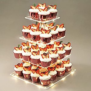 Yumhouse Cupcake Stand for 50 Cupcakes,4-Tier Acrylic Cupcake Tower Holder,Cupcake Holder,Dessert Stands with LED Light String for Cupcake Display,Wedding,Birthday,Baby Shower