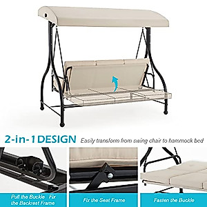 AECOJOY 3-Seat Outdoor Patio Swing Chair, Converting Swing Glider Canopy Hammock w/Adjustable Backrest and Canopy, Removable Cushions for Porch, Backyard, Poolside, Beige