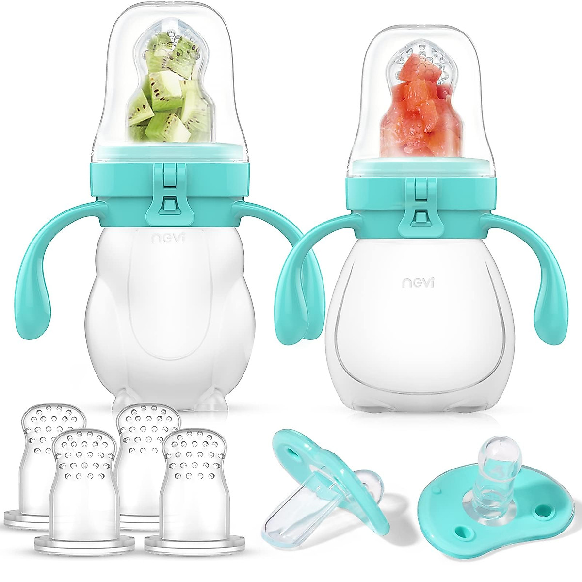 NCVI Baby Fruit Feeder | Fresh Food Pacifier | Silicone Teething Relief Toy, Appetite Stimulation for Feeding, BPA Free, 6 Replacement Nipple, 2Pack (Bear&Rabbit)