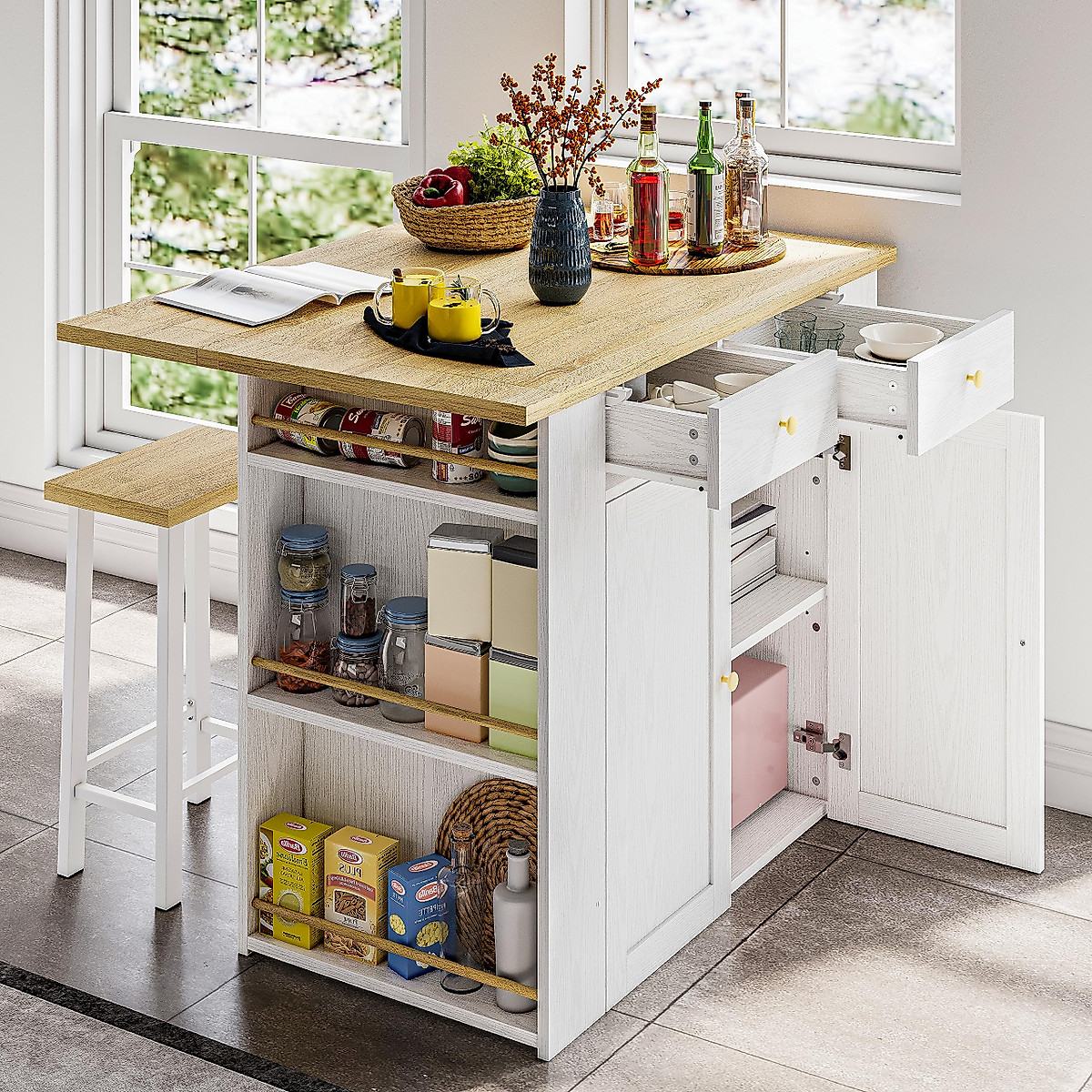 IRONCK Kitchen Island with Storage, with 2 Stools, Ample Storage Space with Power Strip, Large Countertop with Drop-Leaf Design, 2-Door Cabinet and 5 Open Side Racks/2 Utility Drawers, White
