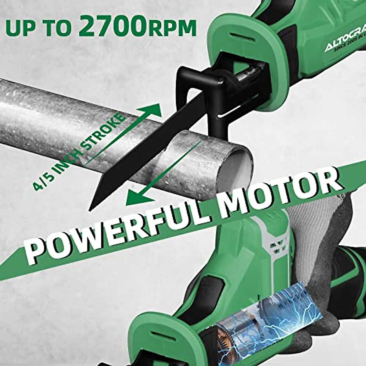 ALTOCRAFT 12V Cordless Reciprocating Saw with 2 Batteries,Portable Small Power Cutter w/Clamping Jaw,Variable Speed,Tool-Free Blade Change,3 Saw Blades for Wood/Metal/PVC Cutting