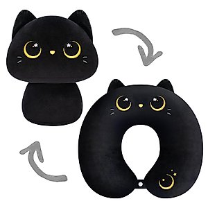 Kids Travel Pillow, 2 in 1 Deformable Kids Neck Pillow with U-Shaped Pillow & Cute Black Cat Animal Reversible Plush Toy for Airplane, Car, Train