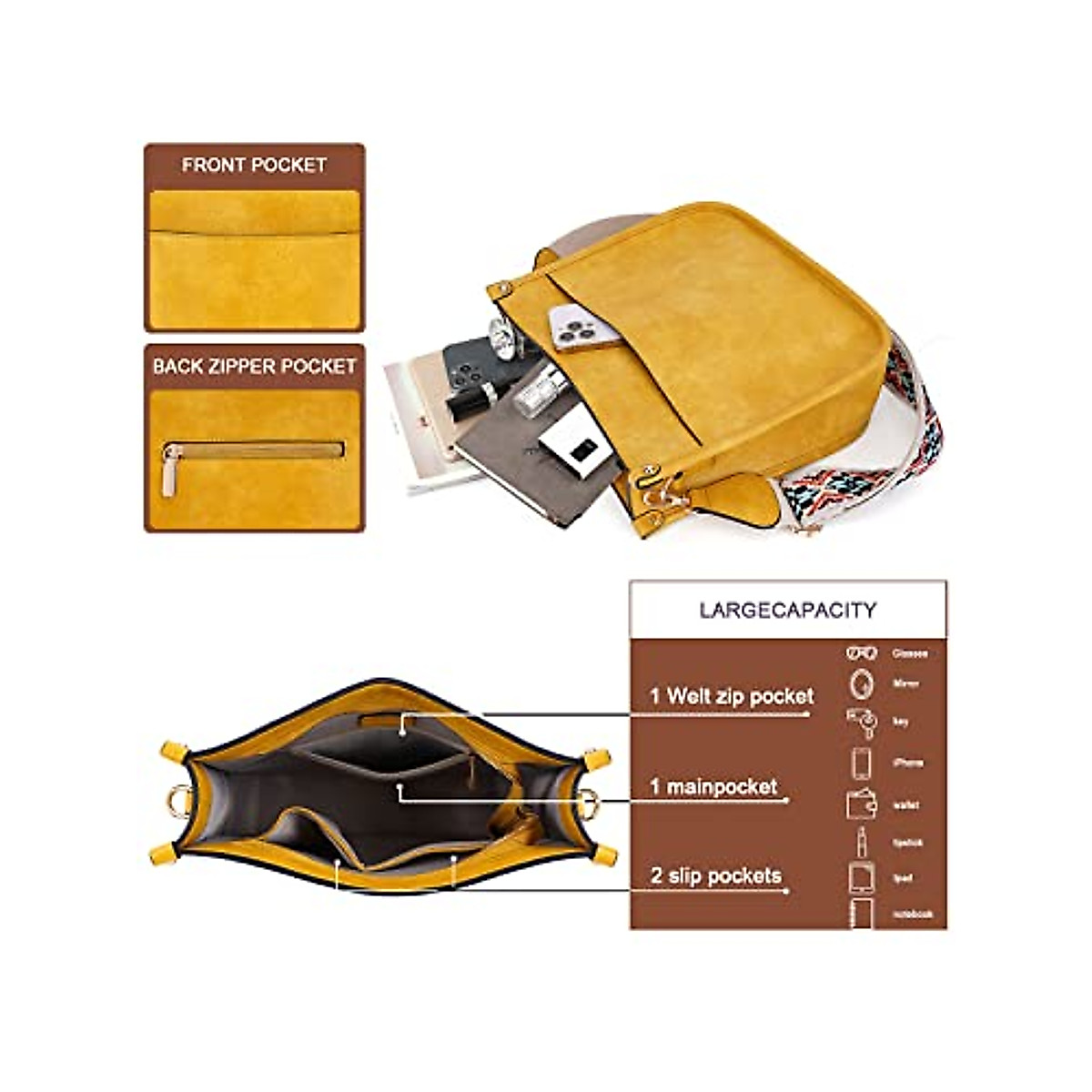 Caitina Cross Body Bag Vegan Leather Hobo Handbags Designer Crossbody Purses Bucket Bag For Women with 2 Adjustable Strap(Yellow)