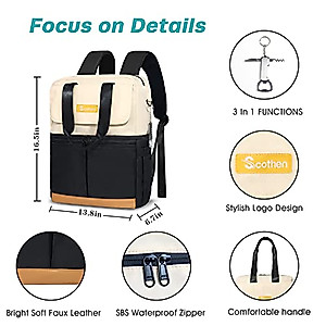 Scothen Backpack Cooler with Double Decker & 12 Ice Packs- Keeps 36 Cans Cold for Up to 24 Hours- Waterproof & Leak Proof Insulated Cooler Backpack- Stylish Cooler Bookbag for Women Travel Work Beach