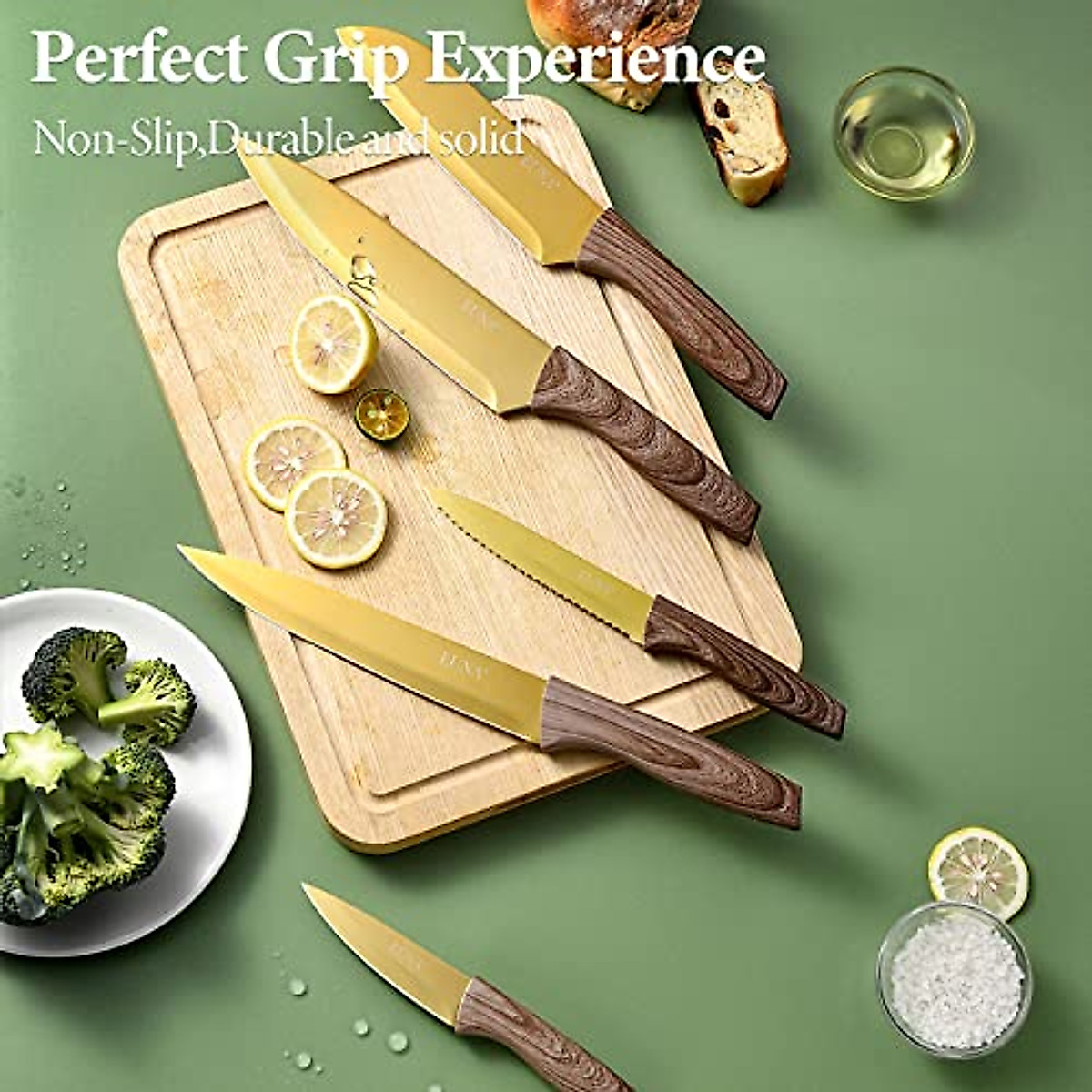 EUNA 5 PCS Chef Knife Set Ultra Sharp Kitchen Knife Set with Sheaths and Gift Box,Premium German Stainless Steel Knives Set for Kitchen with PP Ergonomic Handle (Gold)