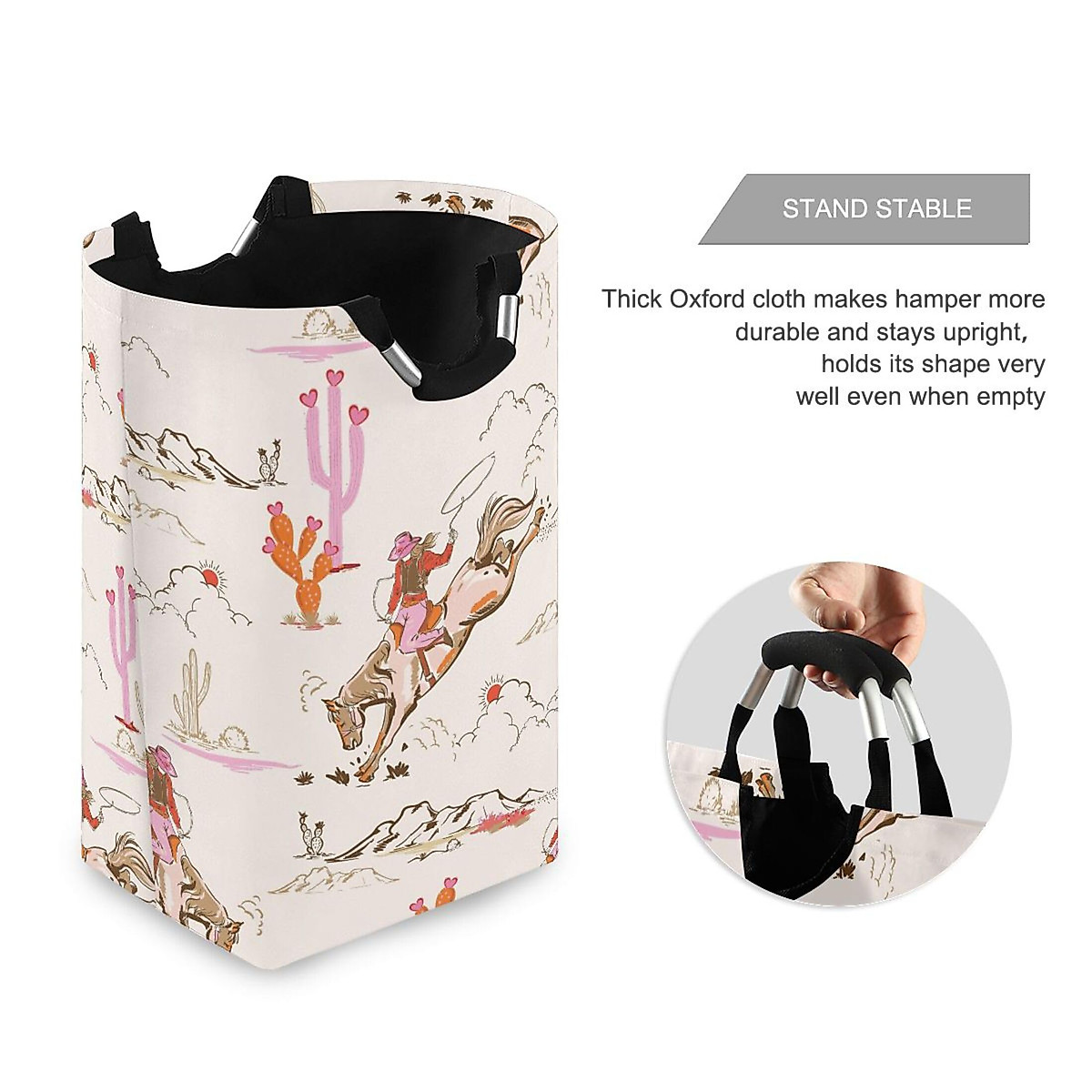 xigua Cute Rodeo Cowgirl Large Laundry Hamper with Handle, Foldable Clothes Hamper Collapsible Storage Basket for Toys and Clothes Organization in Bedroom, Bathroom, and Laundry Room