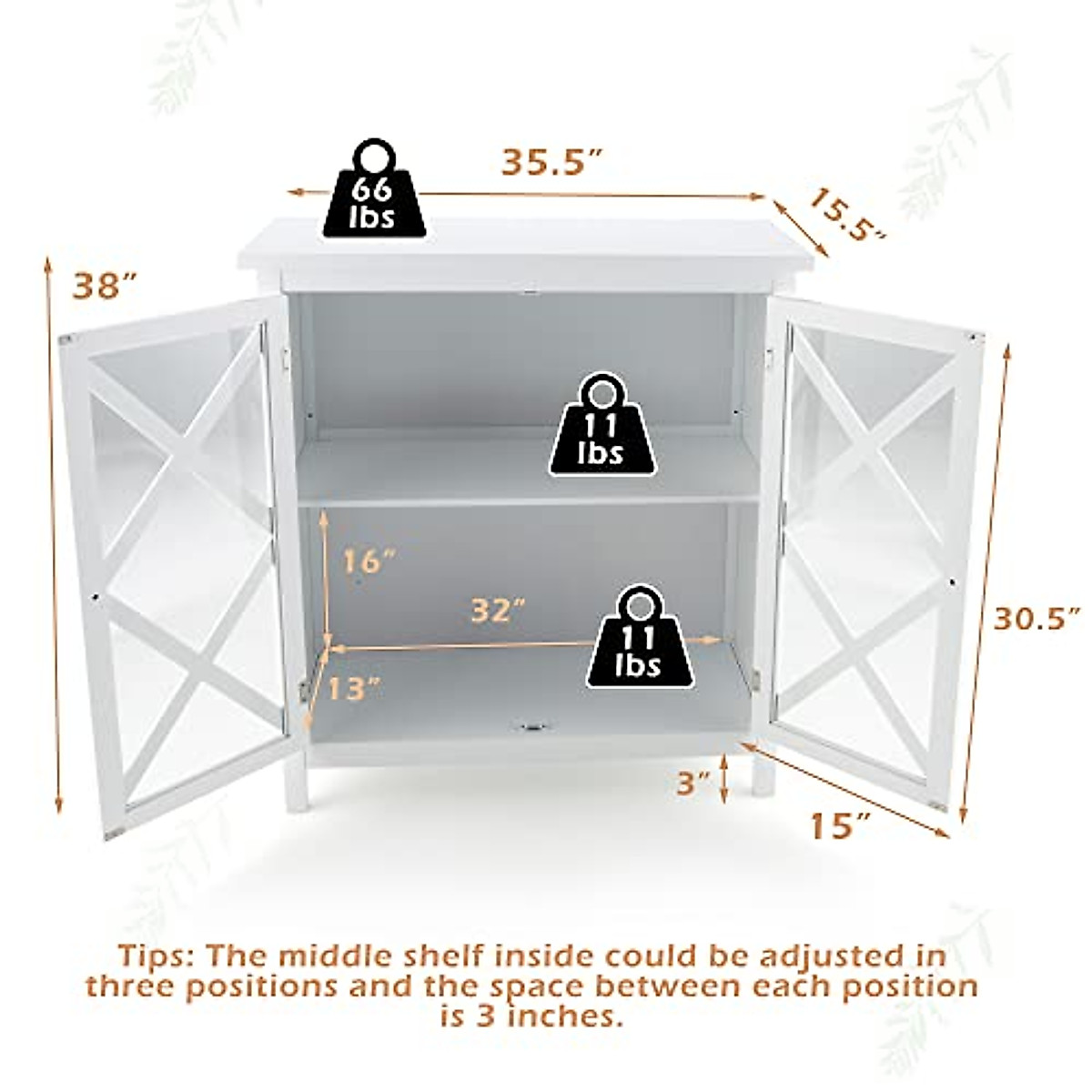 LOKO Buffet Cabinet, Kitchen Storage Cabinet with Tempered Glass Doors & Adjustable Shelves, Sideboard Cabinet Liquor Cabinet for Kitchen, Living Room, 35.5 x 15.5 x 38 inches (White)