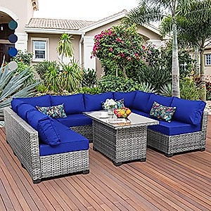 Rattaner 9-Piece Outdoor Sectional Wicker Furniture Set Patio Furniture Conversation Couch Set Storage Glass Table with Thicken(5") Anti-Slip Blue Cushions Furniture Cover