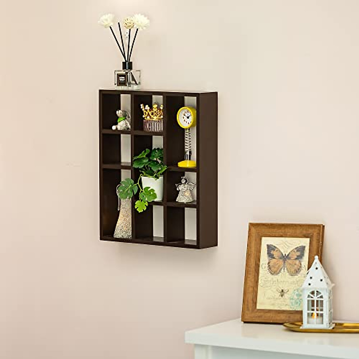 Sziqiqi Wood Floating Shelves 9-Compartment Small Hanging Display Shelf - Rustic Wall Mounted Freestanding Multi-Slot Storage Shelving for Bedroom Kitchen Living Room Bathroom Brown