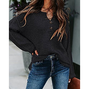 LILLUSORY Womens Black Tops V Neck Pullover Sweaters 2023 Fall Long Sleeve Waffle Knit Tunic Sweater Button Casual Henley Shirts